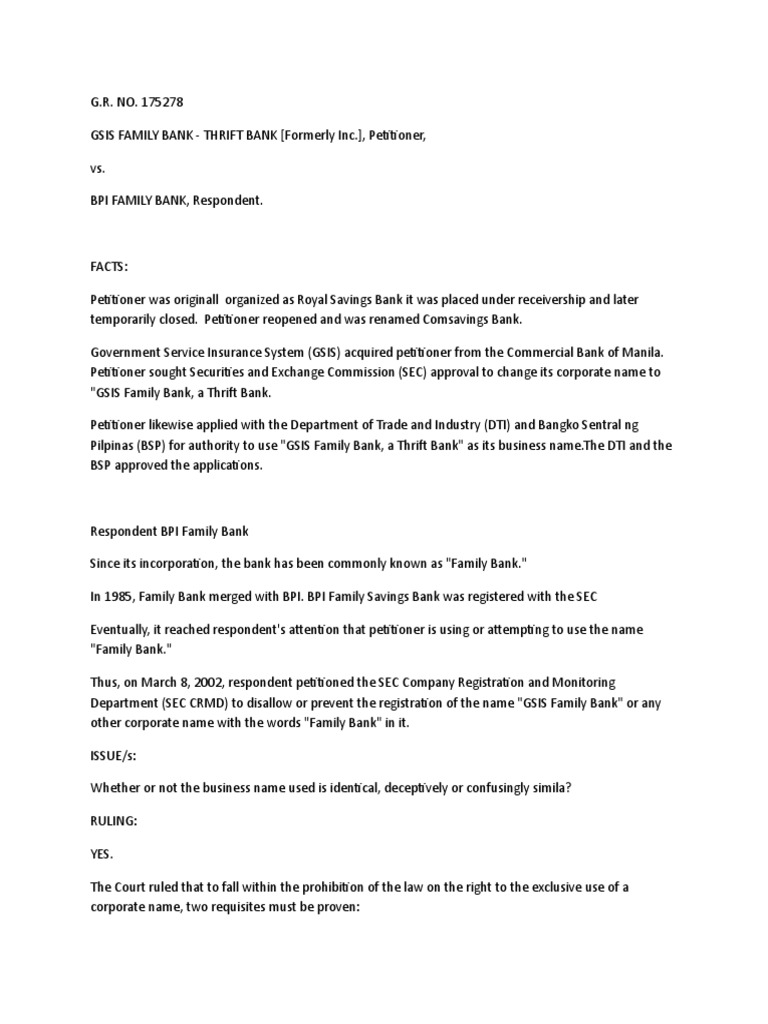 GSIS Family Bank Vs BPI Family Savings Bank | PDF | Corporations | Banks