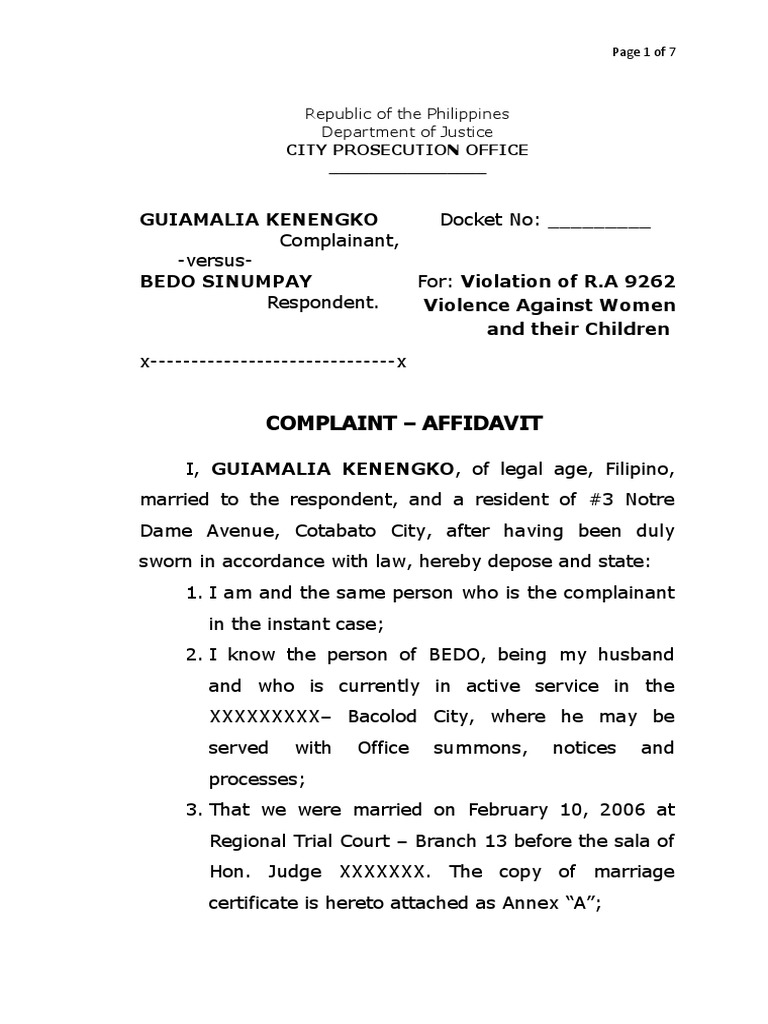 Sample Complaint Affidavit for Violation of RA 9262 | Marriage | Government