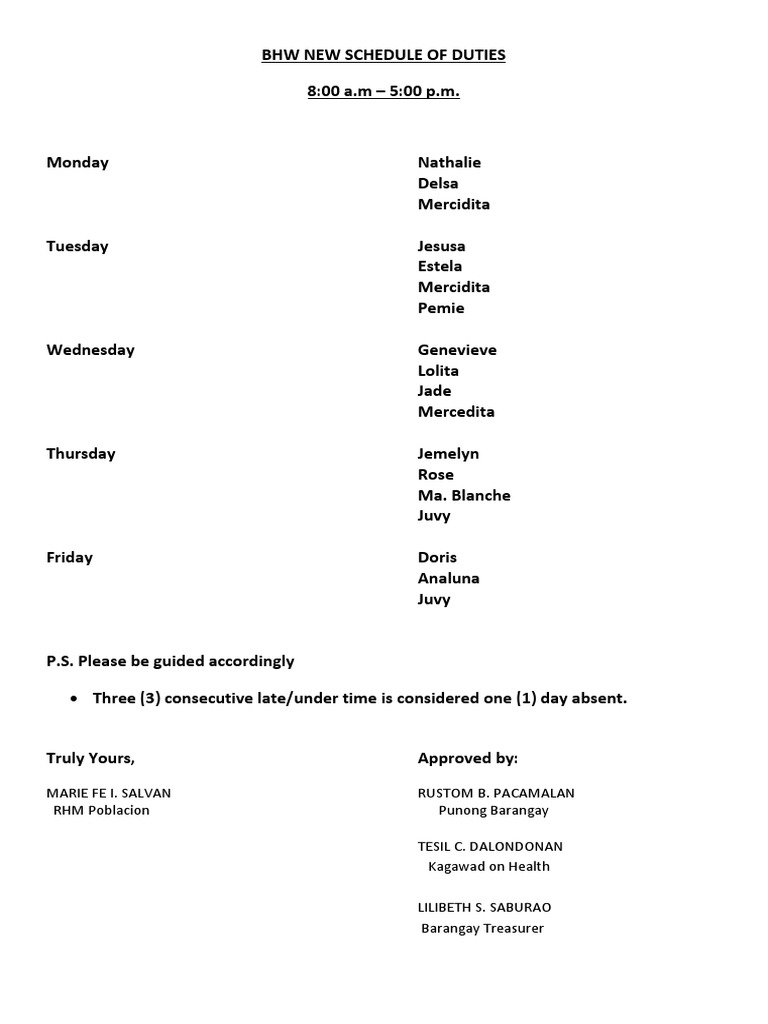 BHW Duty Schedule Overview | PDF