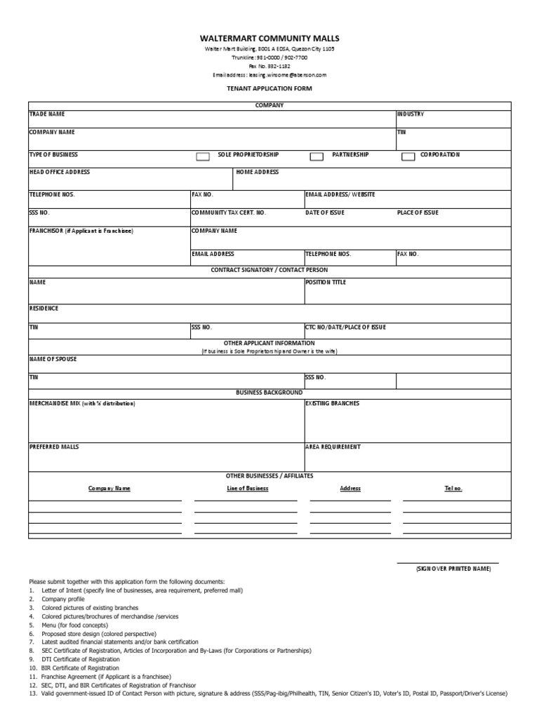 Waltermart Community Malls: Tenant Application Form | PDF | Franchising ...