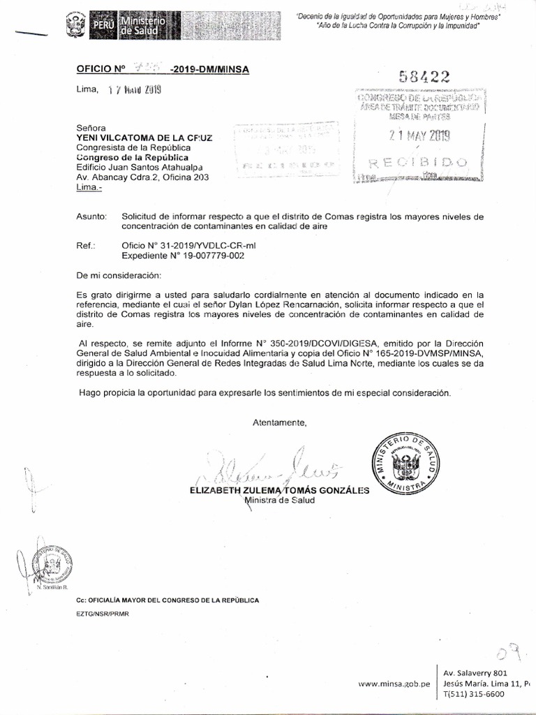 INFORME DE DIGESA - OFICIO #755-2019-DM/MINSA 17 MAYO 2019 Firmada Por ...