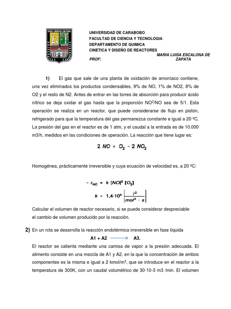 Examen de Reactores 3 | PDF | Reactor Quimico | Velocidad de reacción