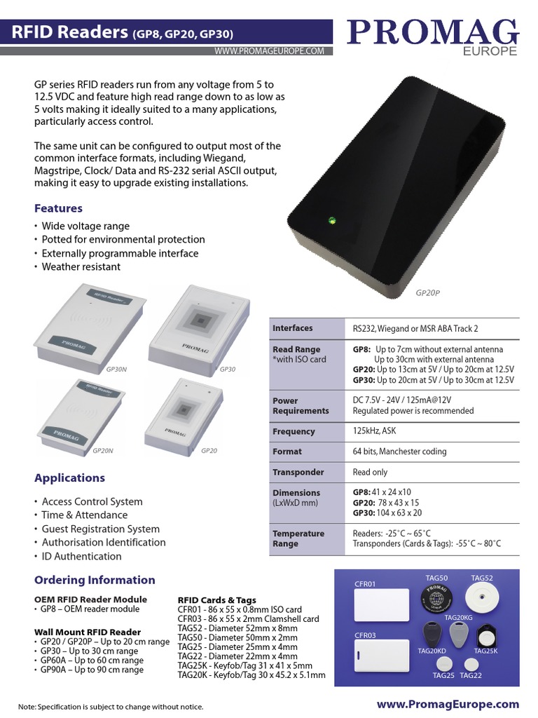 Promag GP20 RFID Reader Specifications | PDF | Radio Frequency ...