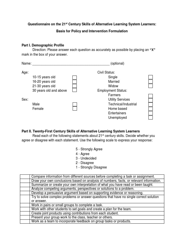 Questionnaire 21st Century Skill | PDF | Employment | Community