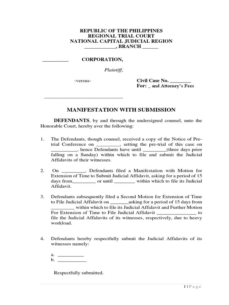 Sample Manifestation With Submission of Judicial Affidavit of Witnesses ...