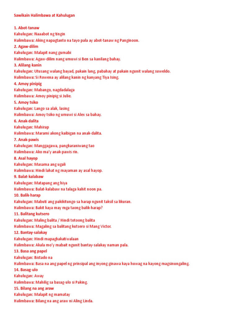 Sawikain Halimbawa at Kahulugan | PDF