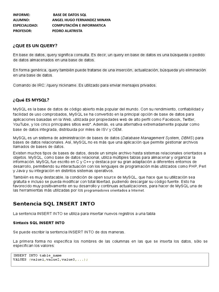 Informe de Bases de Datos | PDF | Mi sql | SQL