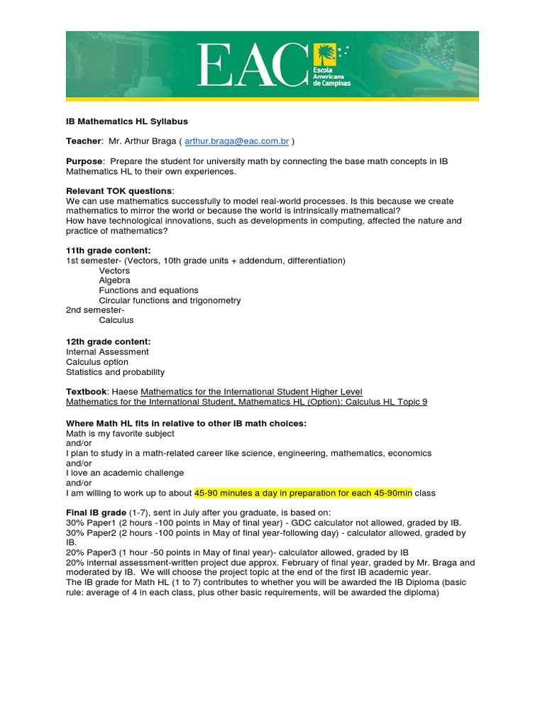 IB Math HL Syllabus 19-20 | PDF | Teaching Mathematics | Test (Assessment)
