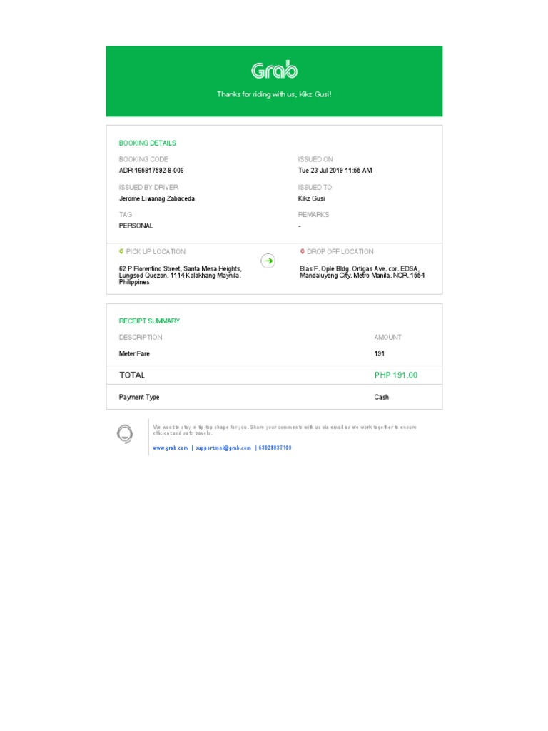 Grab Receipt Sample for Booking ADR-165817592 | PDF