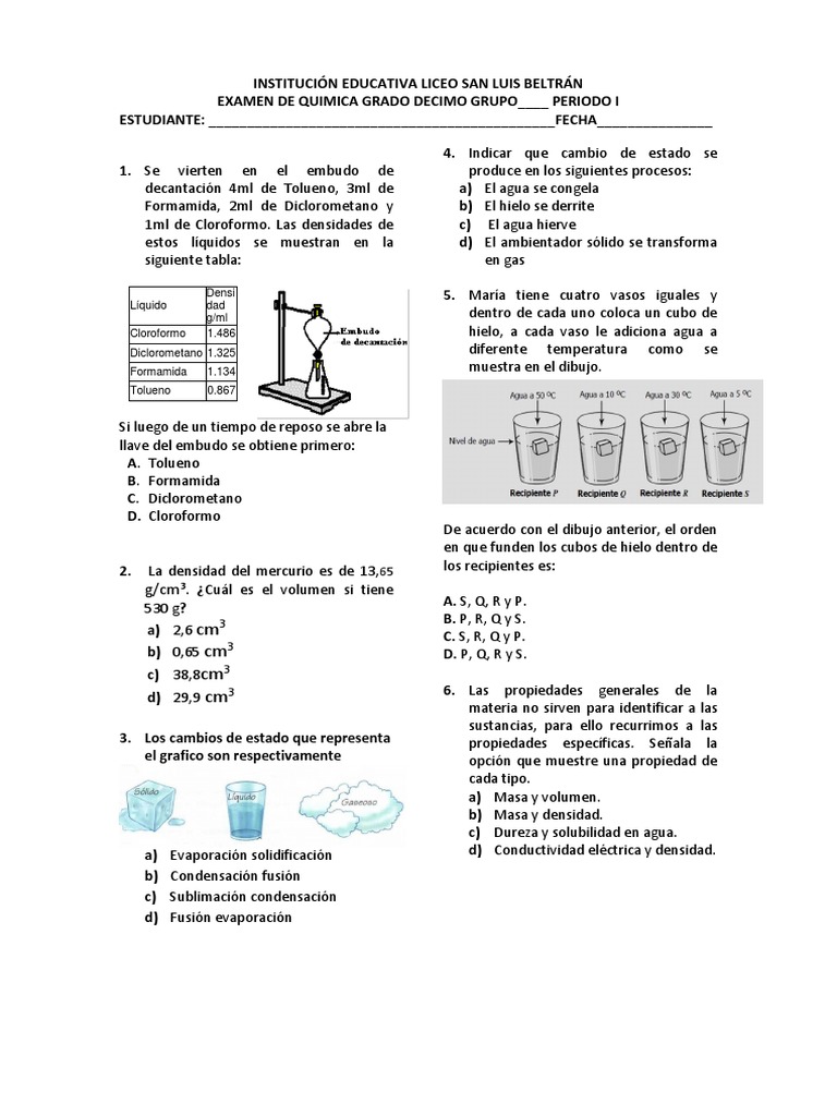 decimo examen propiedades de la materia.docx | Líquidos | Agua