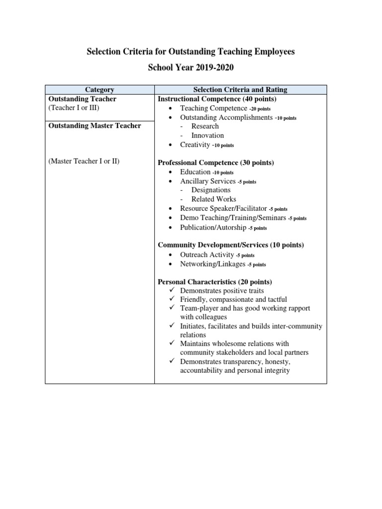 Selection Criteria For Outstanding Teaching Employees | PDF