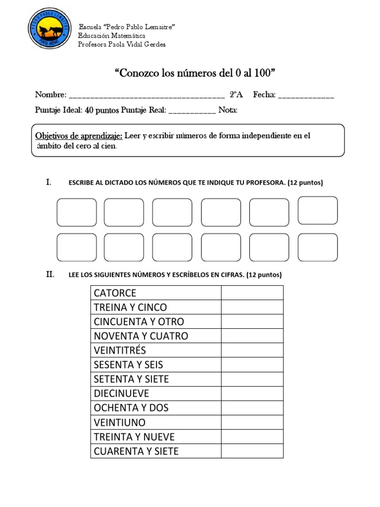 Prueba Lectura y Escritura de Numeros Hasta 100 | PDF