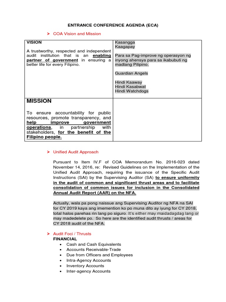 ENTRANCE CONFERENCE AGENDA Discussion | PDF | Regulatory Compliance ...