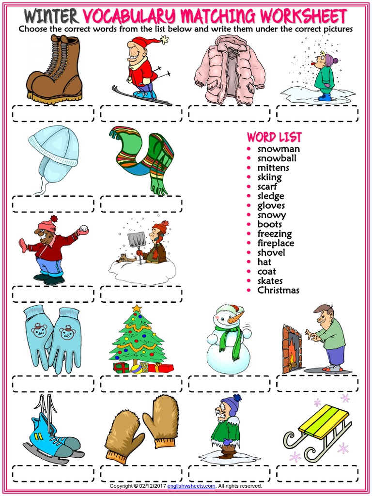 Winter Vocabulary Esl Matching Exercise Worksheet For Kids | PDF | Snow ...