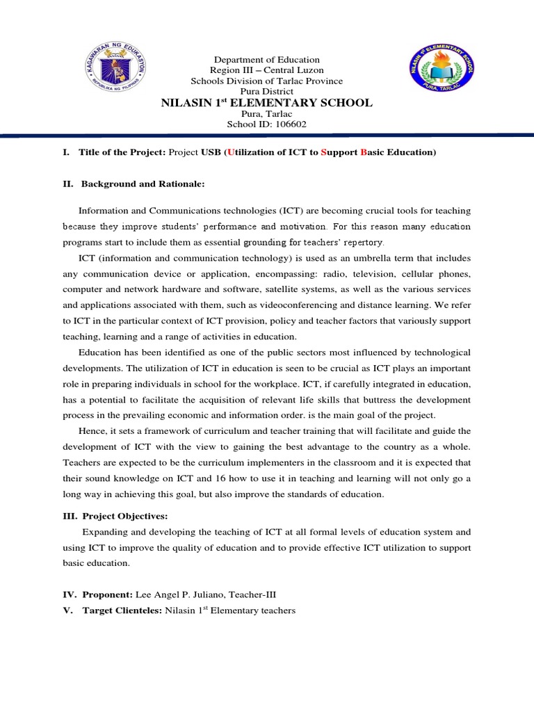 Nilasin 1 Elementary School: I. Title of The Project: Project USB ...