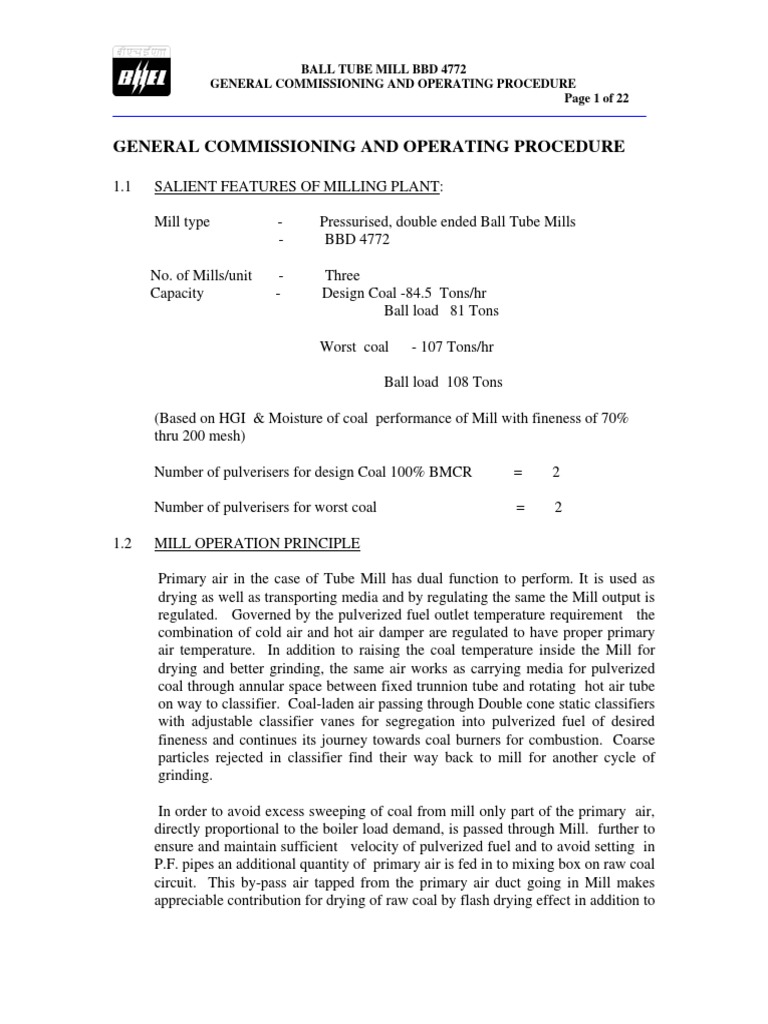 General Commissioning and Operating Procedure of Ball Tube Mill BBD ...