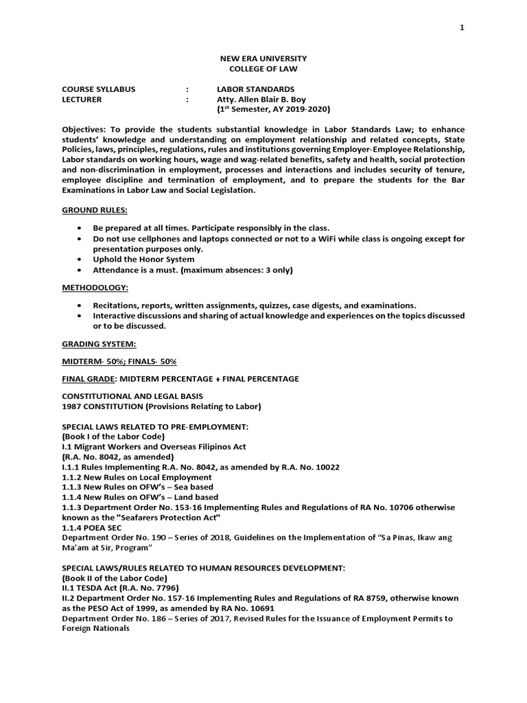 Labor Standards Law Course Syllabus | PDF | International Labour ...
