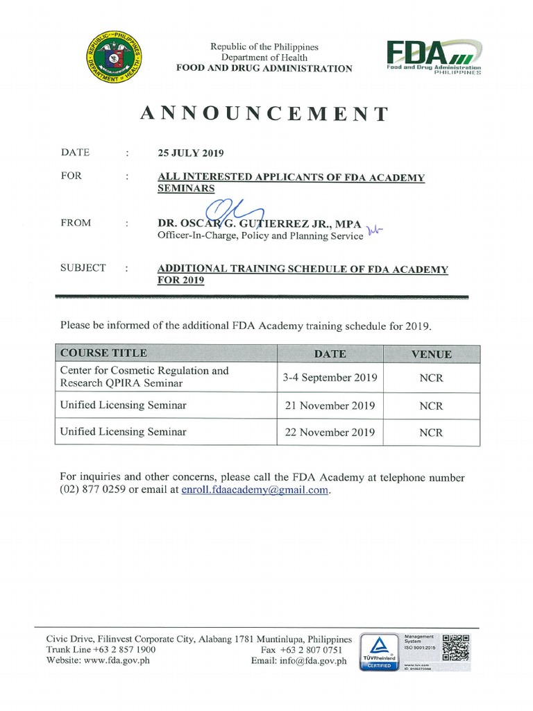 Additional Training Schedule of FDA Academy | PDF
