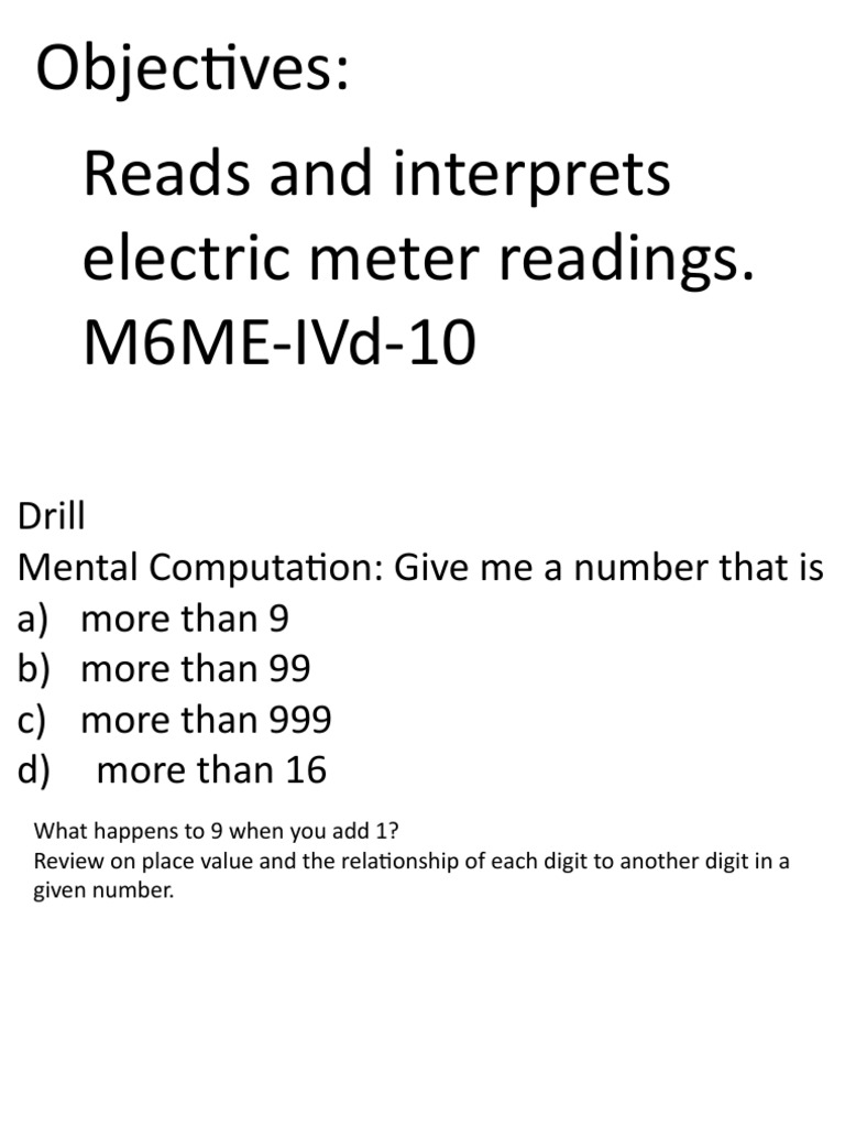 Reads and Interprets Electric Meter Readings. M6Me-Ivd-10 Objectives | PDF