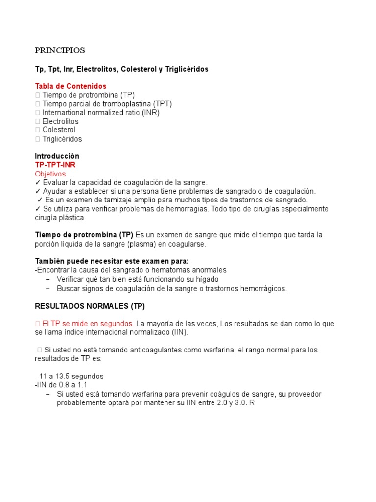 Principios de TP-TPT-INR, electrolitos, colesterol y triglicéridos ...