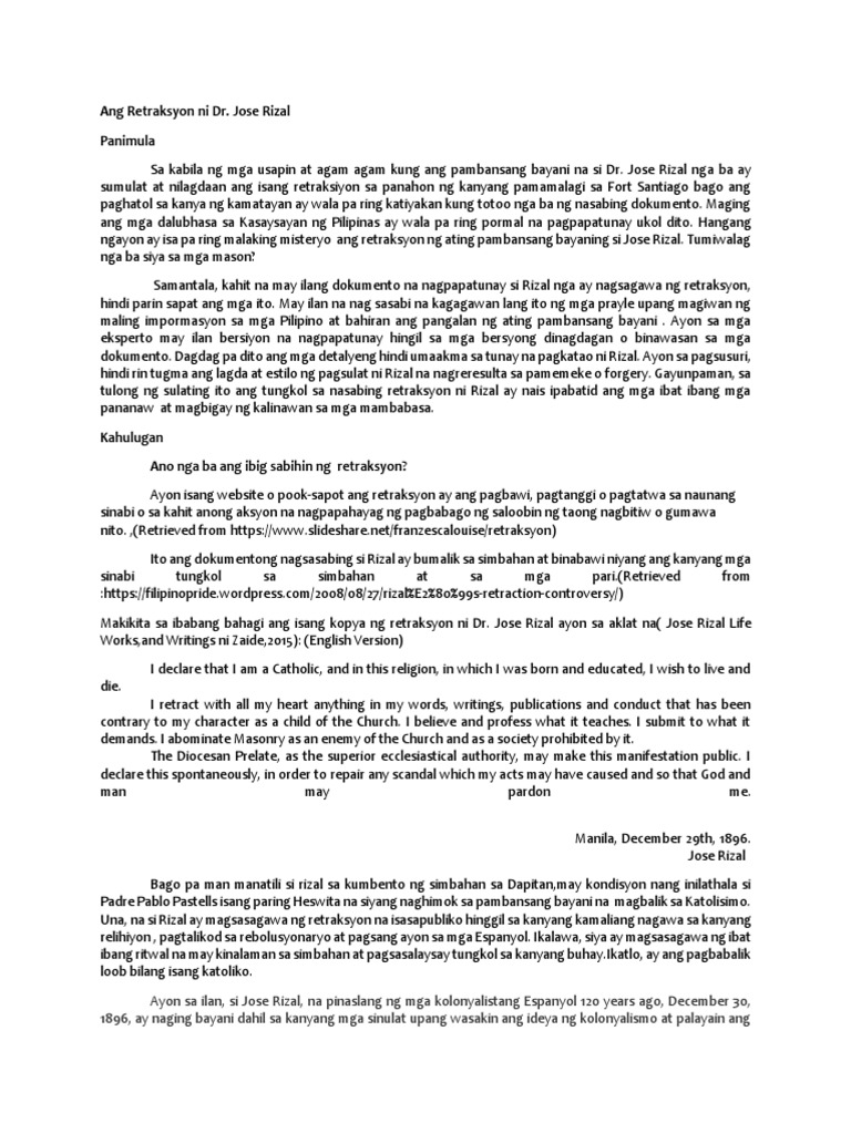 Ang Retraksyon Ni Rizal | PDF