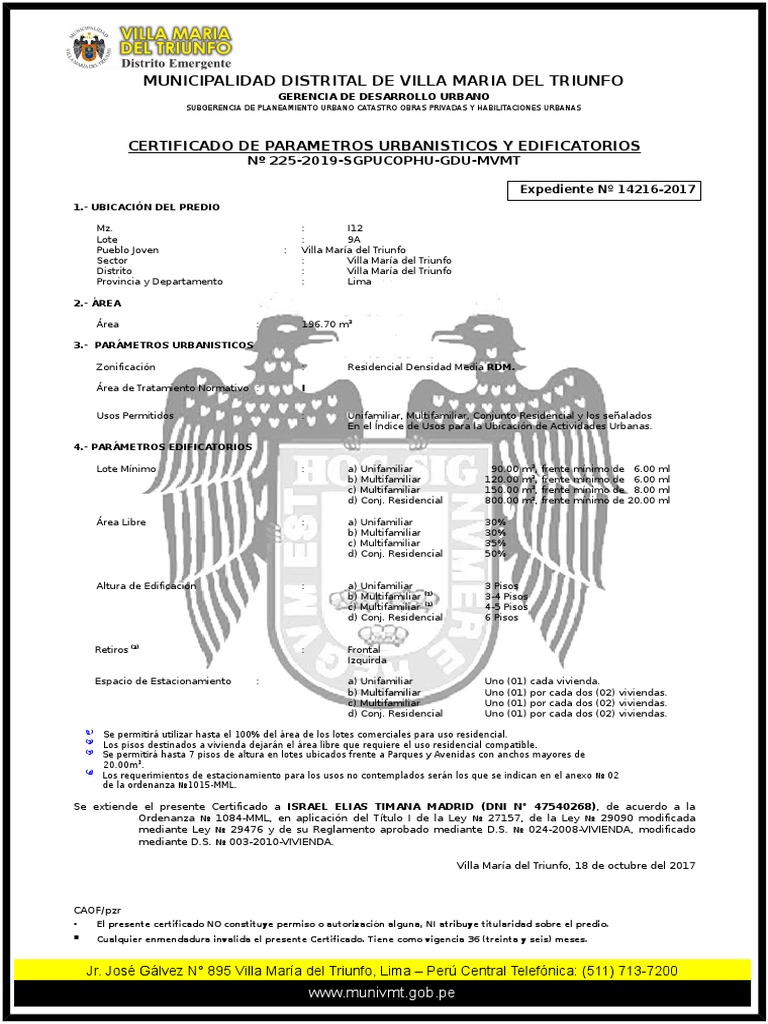 Certificado de Parametros Juan VMT | PDF