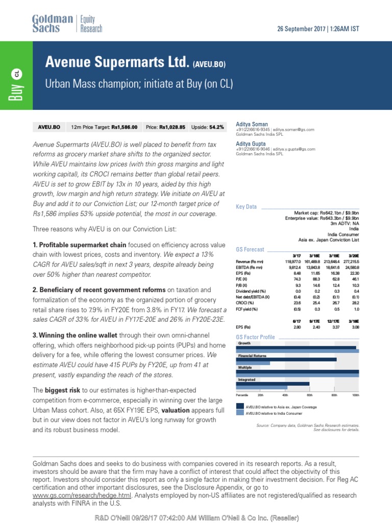 Goldman Sachs - Initiating Coverage Report On Avenue Supermarts | PDF ...