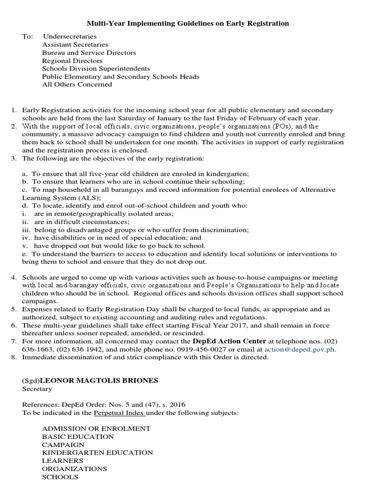 Early Registration Guidelines for Schools | PDF | Government | Justice