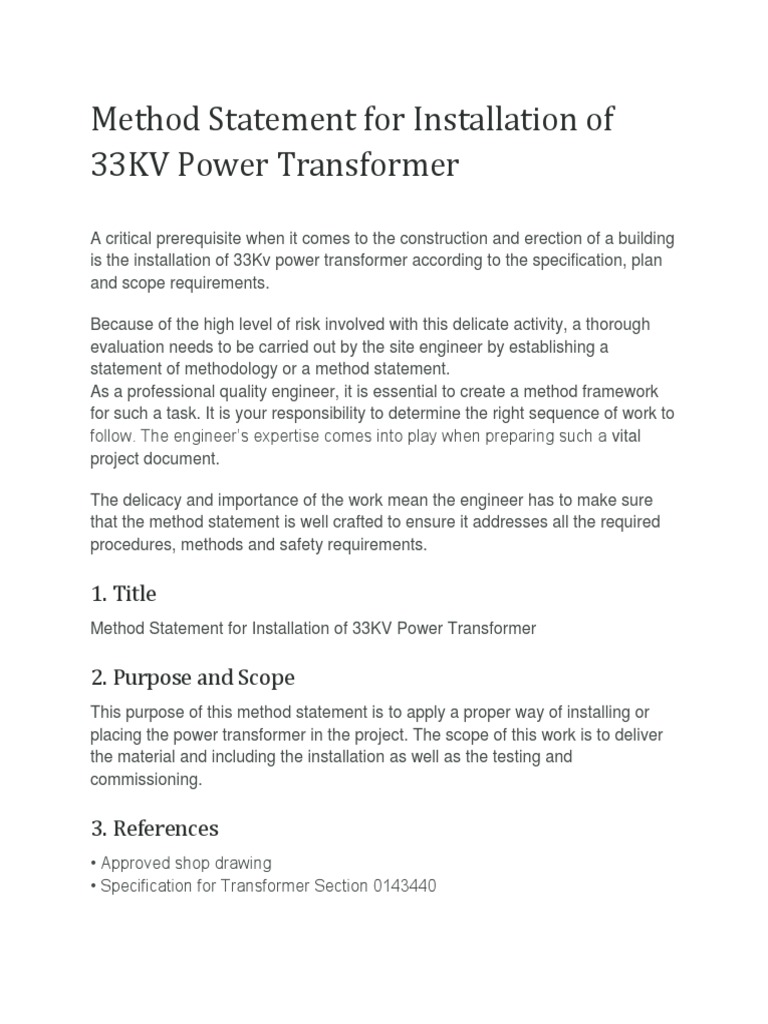 Method Statement For 33kv Switchgear Testing And Commissioning Pdf