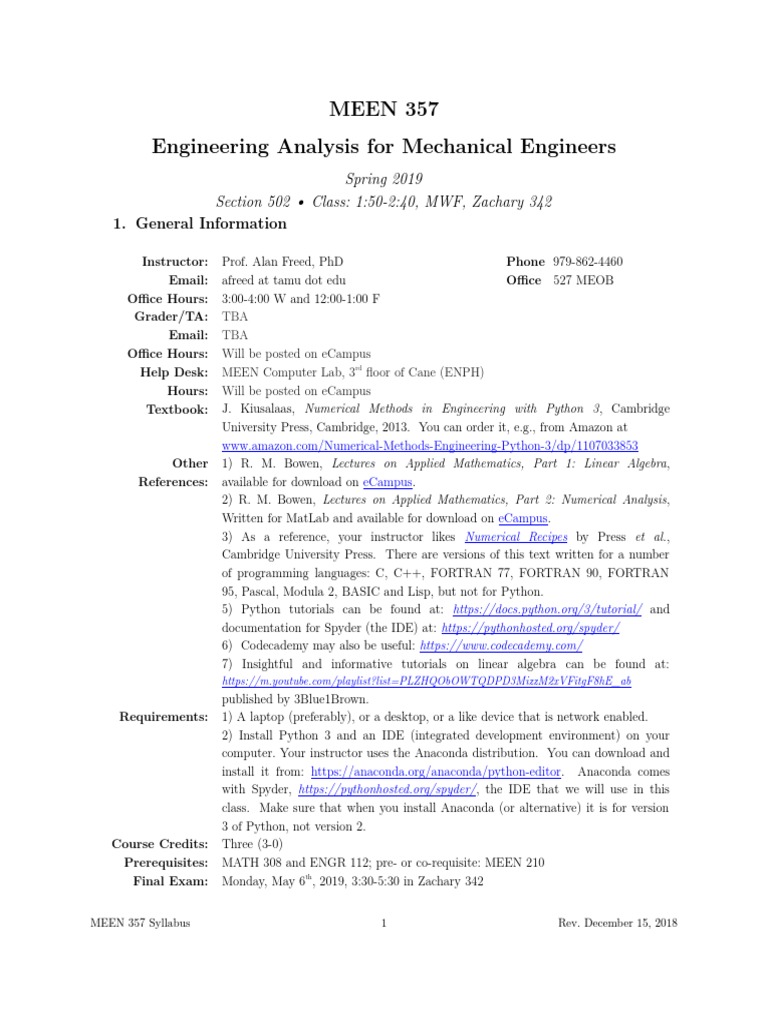 MEEN 357 Engineering Analysis For Mechanical Engineering | PDF | Academic Dishonesty | Numerical ...