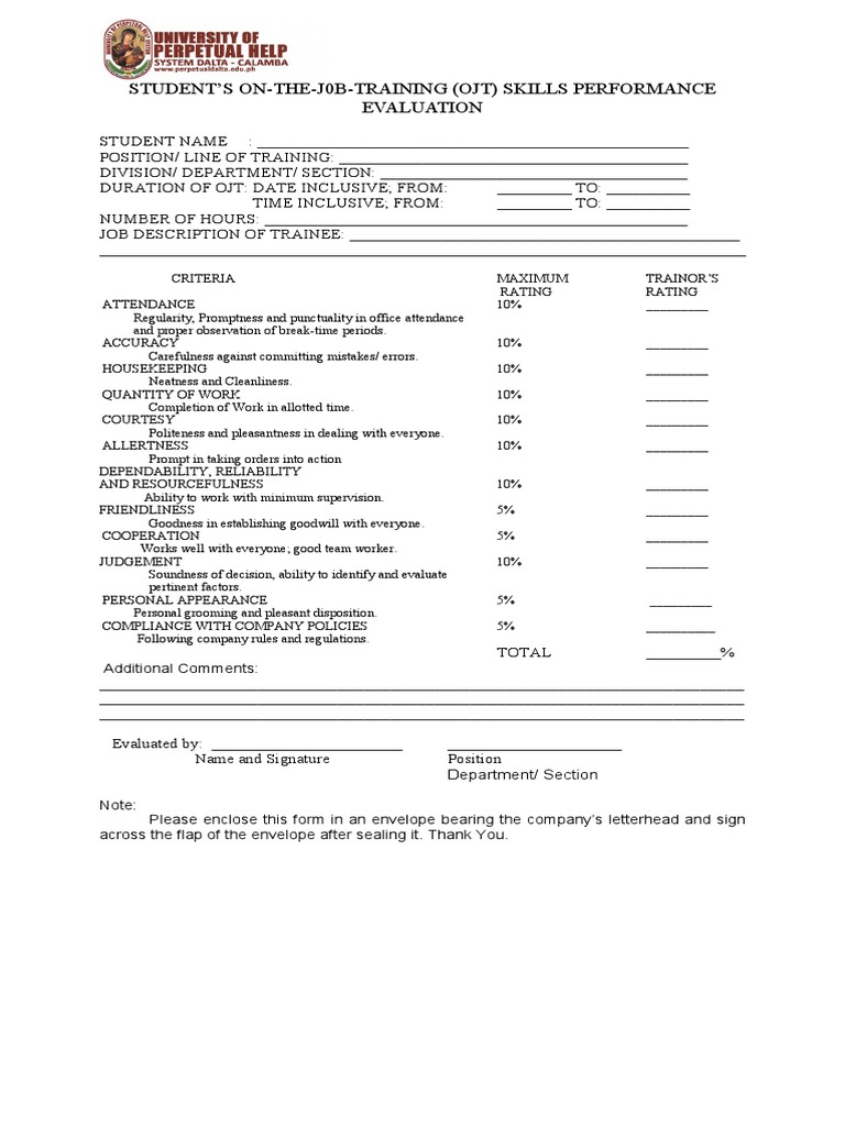 STUDENT OJT Performance Evaluation 2019 | PDF | Psychological Concepts | Behavior Modification