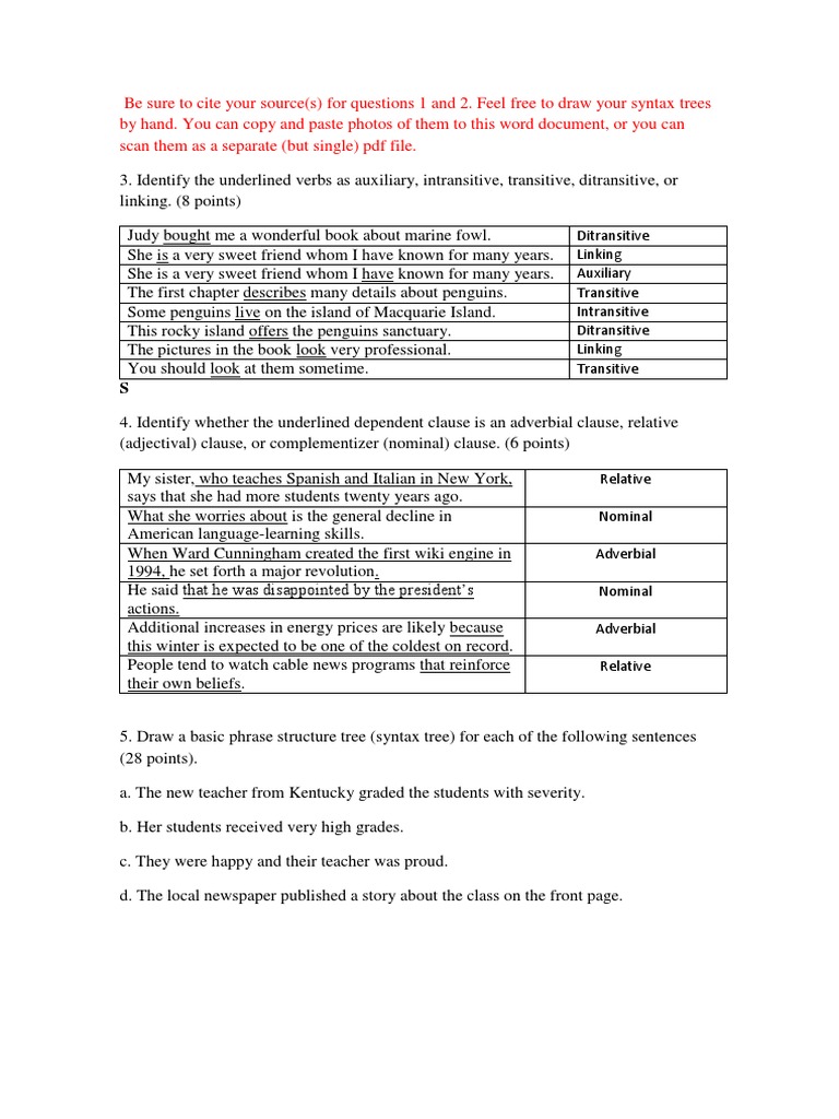 Syntax Test | PDF | Syntax | Sentence (Linguistics)