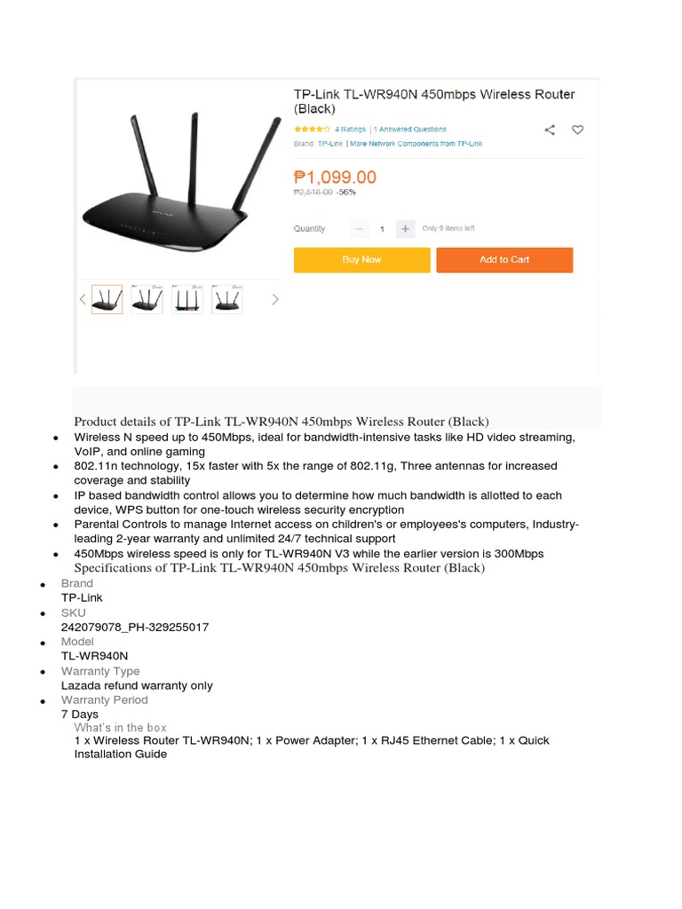 Product Details of TP-Link TL-WR940N 450mbps Wireless Router (Black ...