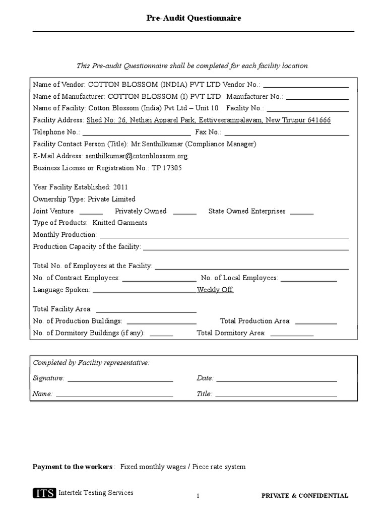 This Pre-Audit Questionnaire Shall Be Completed For Each Facility ...