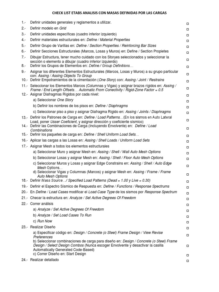 Checklist ETABS: Análisis con Masas | PDF | Informática | Tecnología