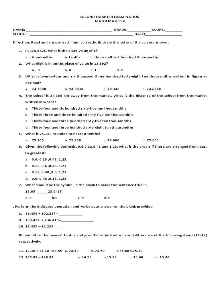 Math 5 Second Quarter Examination 2016-2017 | PDF | Ratio | Fraction ...