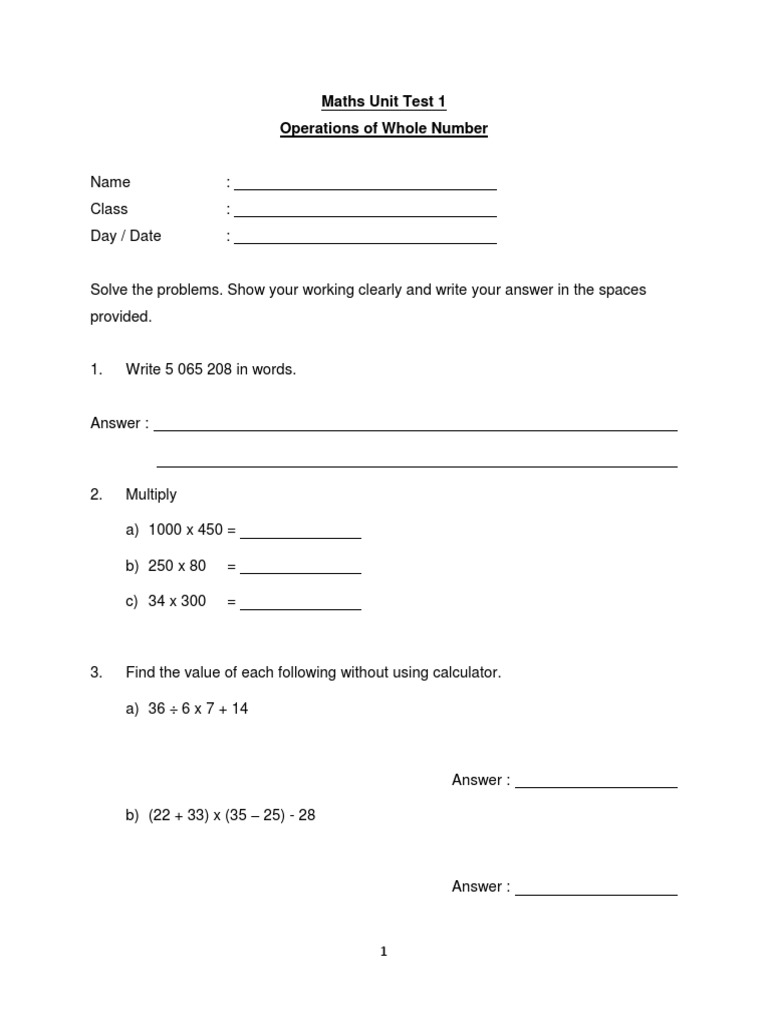 Maths Unit Test 1 Operations of Whole Number | PDF