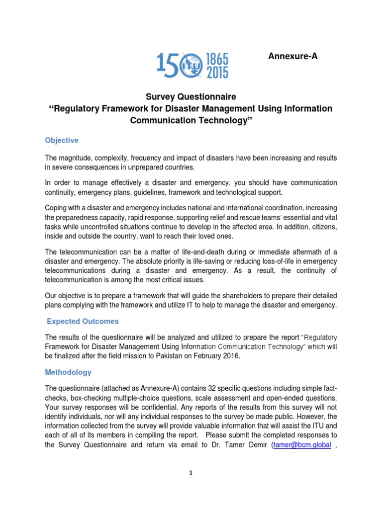 Survey Questionnaire "Regulatory Framework For Disaster Management ...