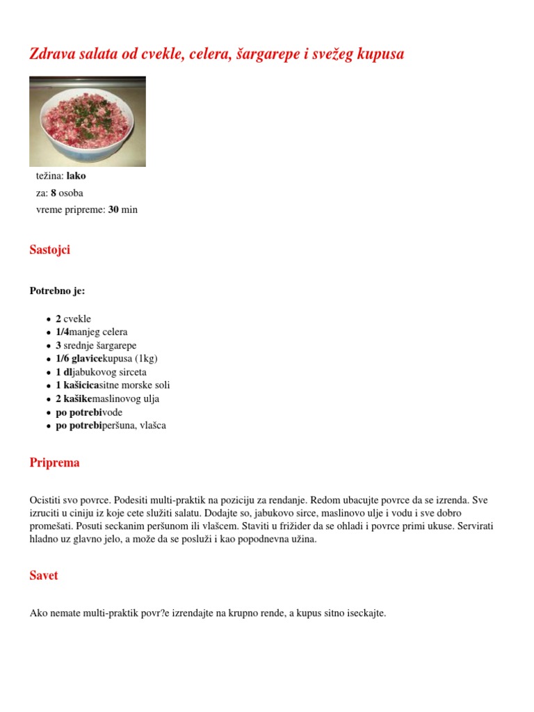 Zdrava Salata Od Cvekle, Celera, Kupusa I Šargarepe | PDF