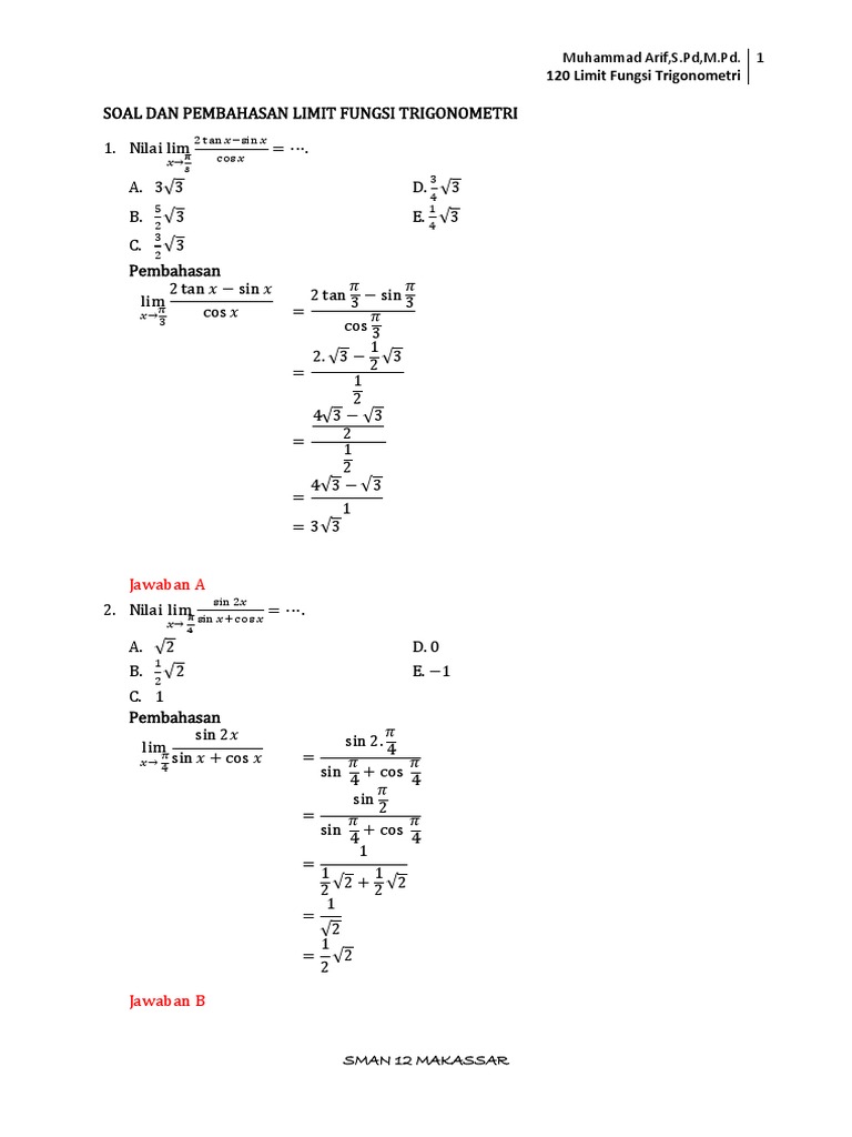120 Soal Dan Pembahasan Limit Fungsi Trigonometri | PDF