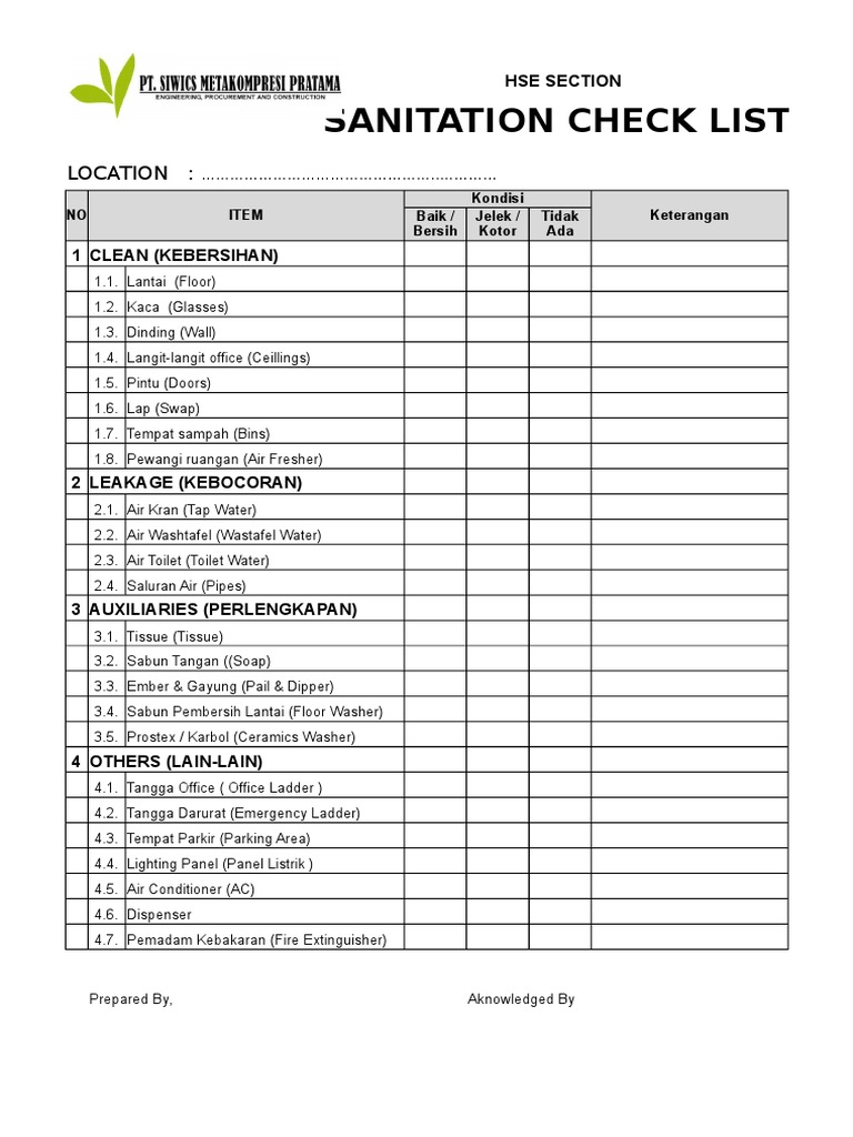 Office Sanitation Checklist | PDF | Science & Mathematics