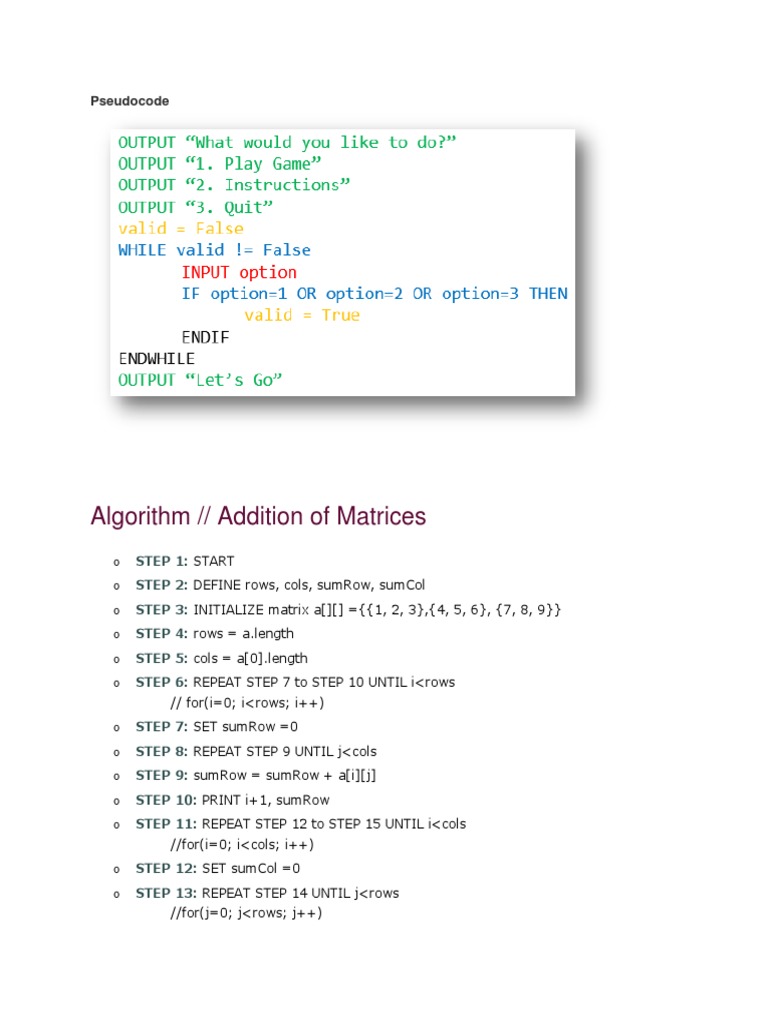Algorithm // Addition of Matrices: Pseudocode | Download Free PDF | Matrix (Mathematics ...