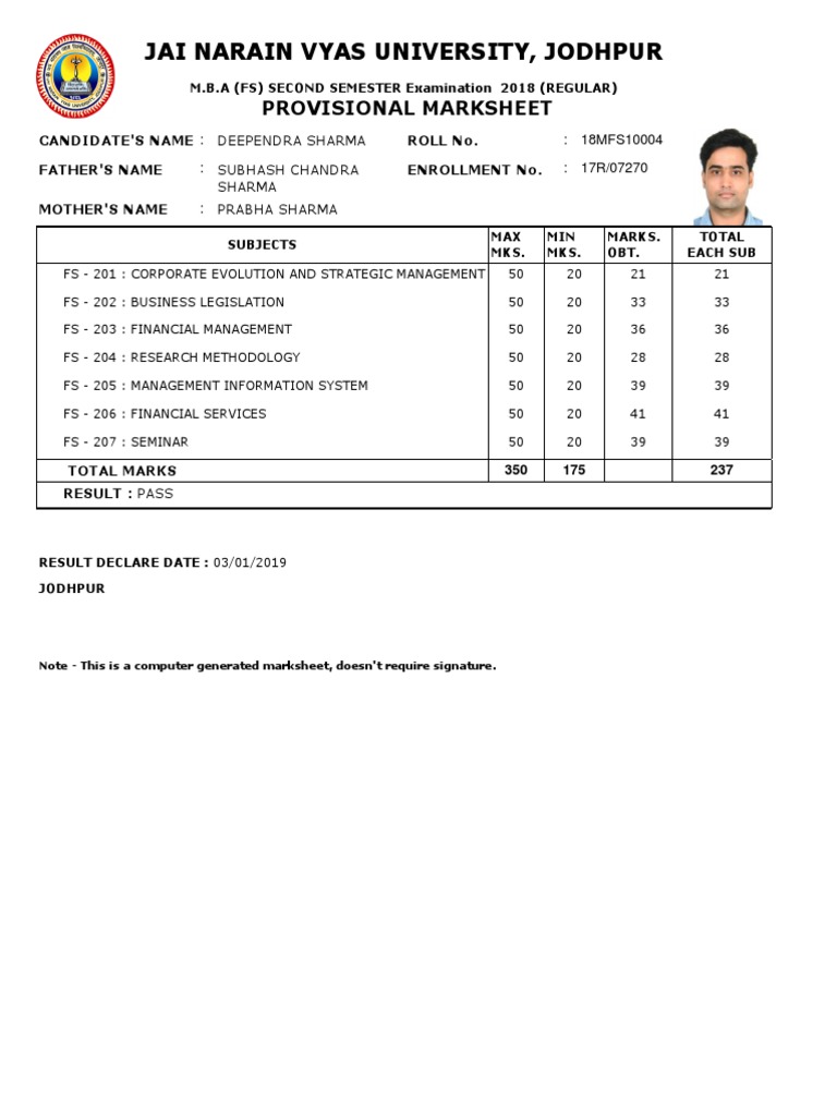 Jai Narain Vyas University, Jodhpur: Provisional Marksheet | PDF