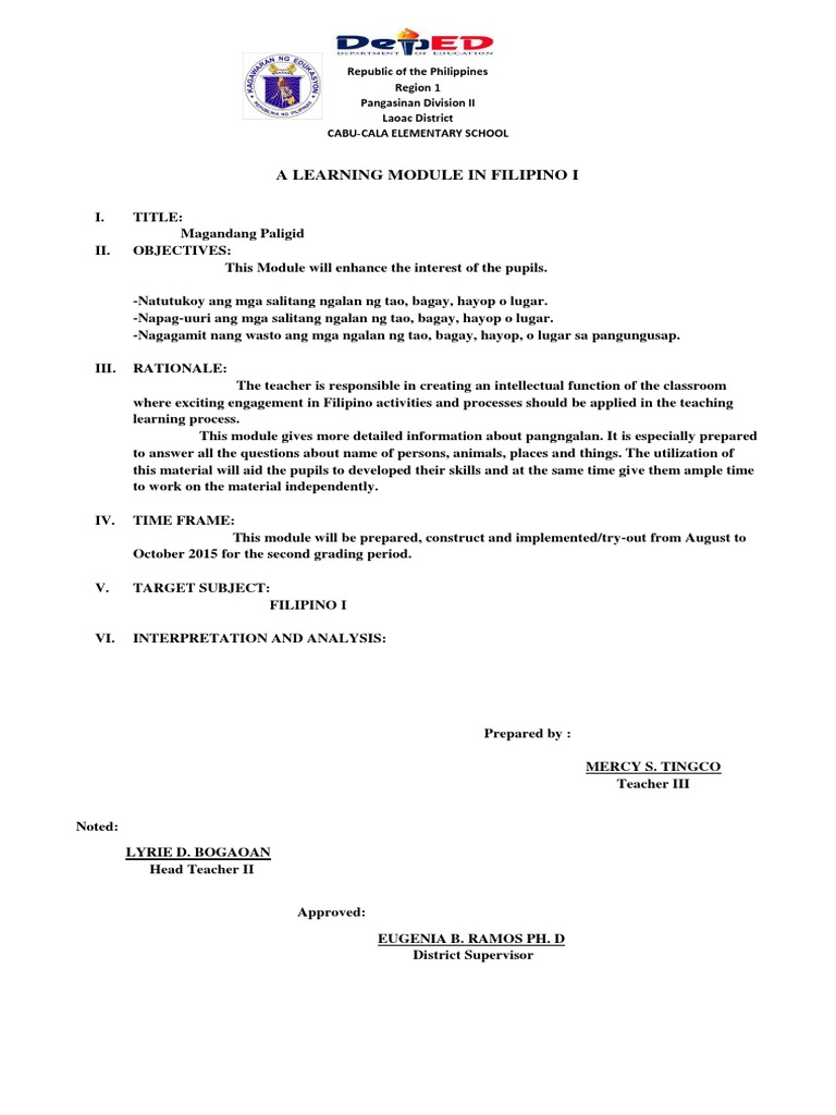 A Learning Module in Filipino I | PDF | Teachers | Education Theory