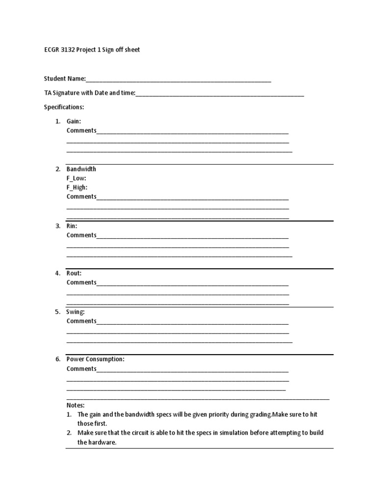 ECGR 3132 Project 1 Sign Off Sheet | PDF