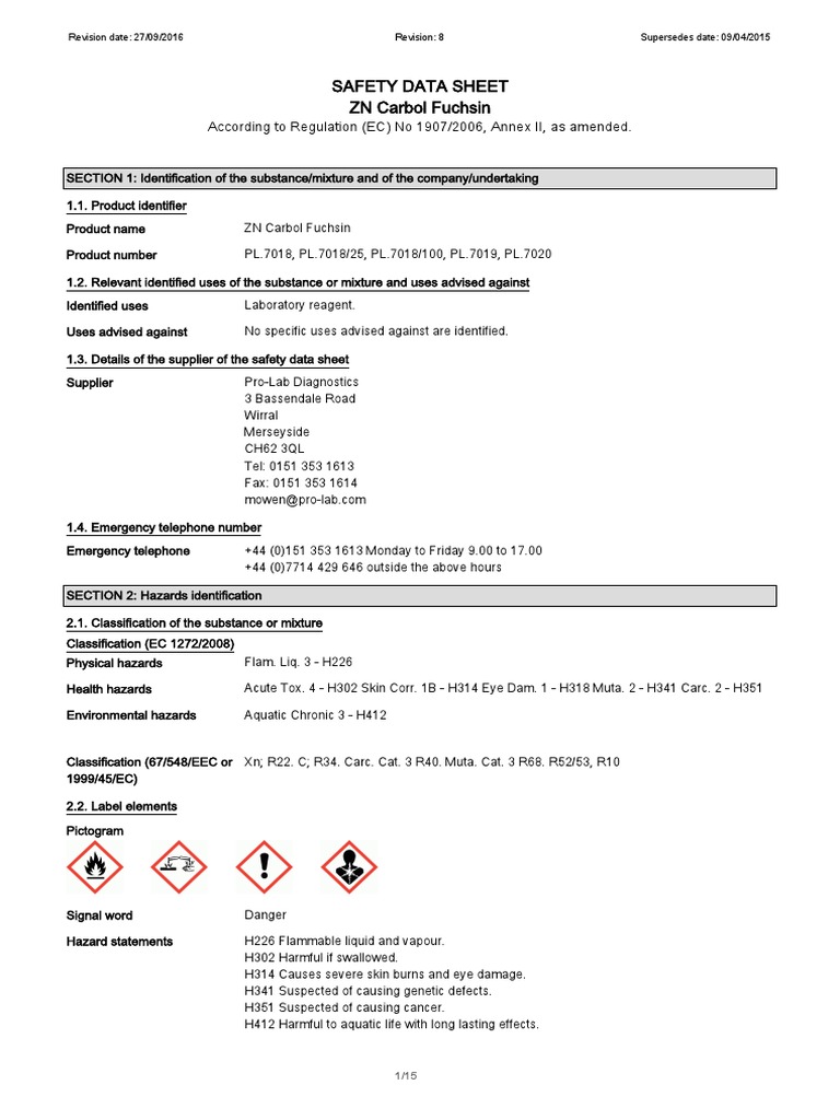 Safety Data Sheet ZN Carbol Fuchsin: According To Regulation (EC) No ...