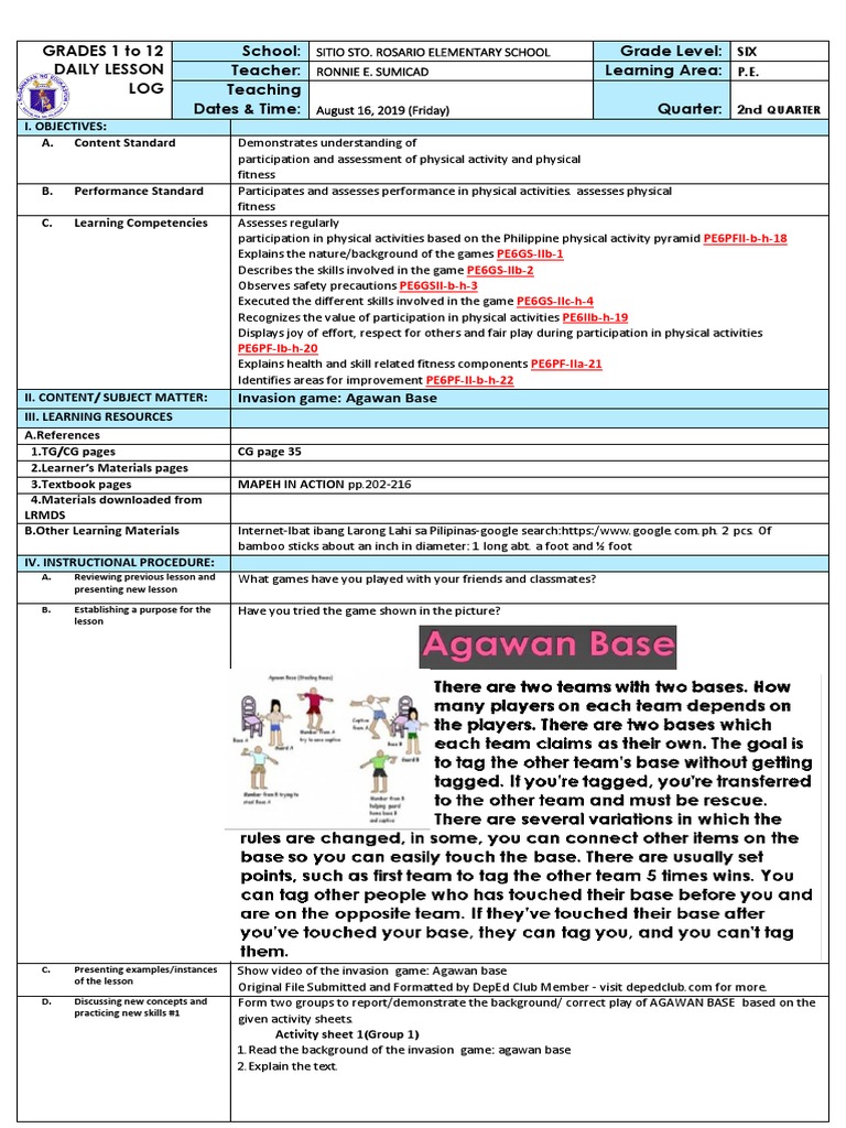 DLP P.E.6 Q-2 (Week1or2) | PDF | Physical Education | Teachers