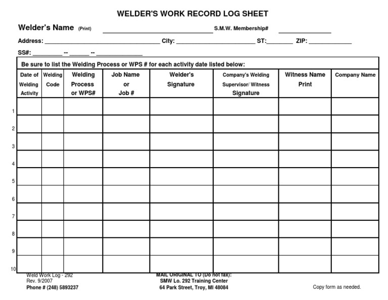 Welder'S Work Record Log Sheet Welder's Name: S.M.W. Membership# | PDF
