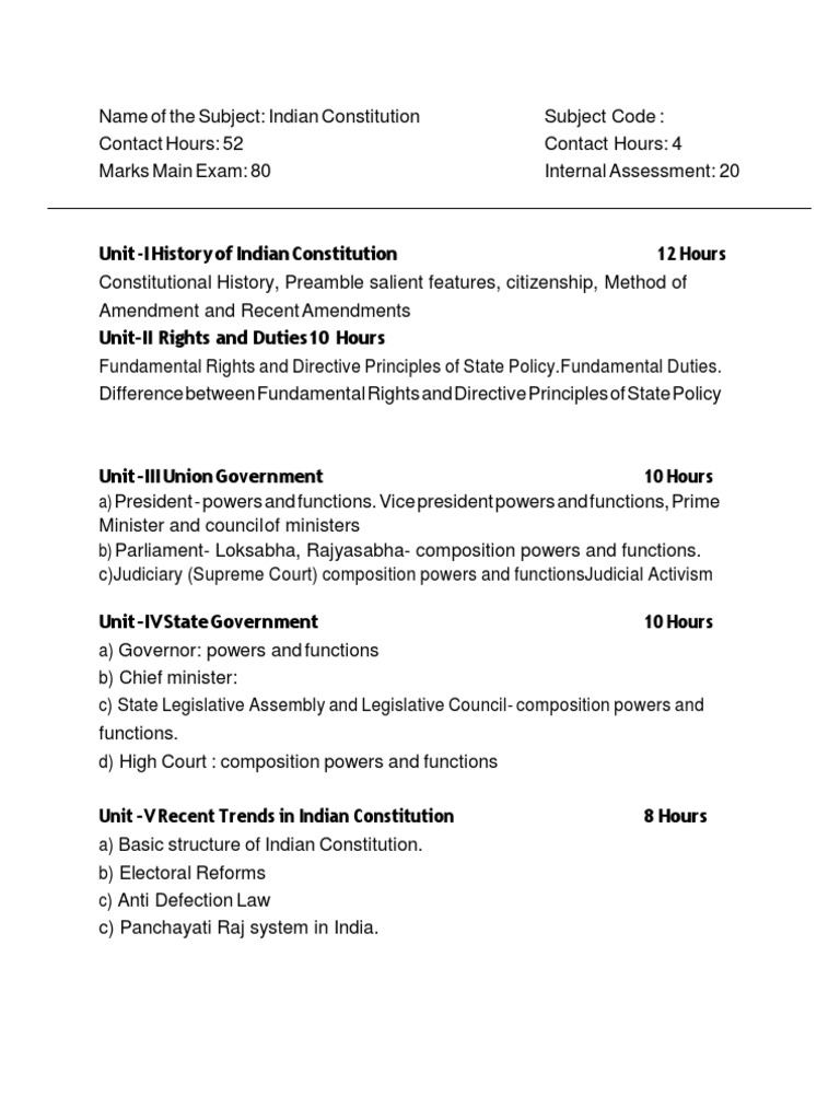Syllabus For Indian Constitution Subject of Ist Semester 2018-19 ...