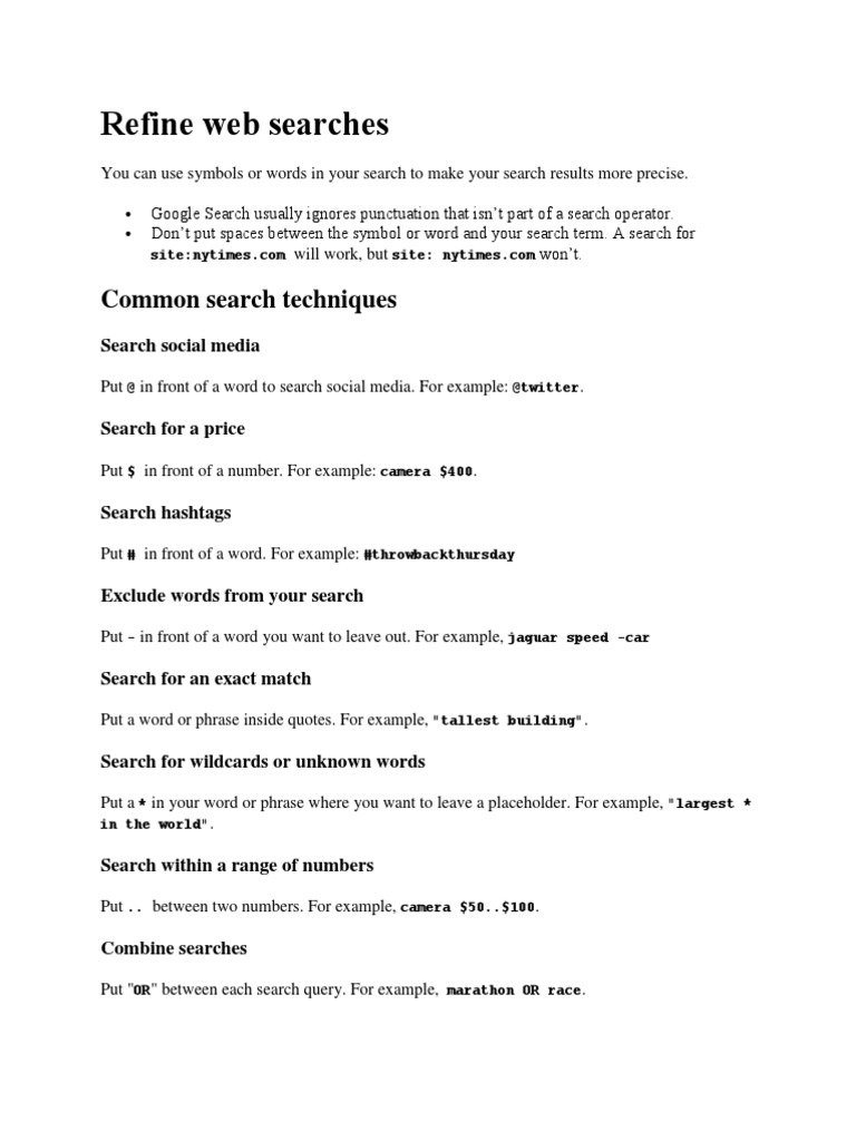 Refine Web Searches: Common Search Techniques | PDF